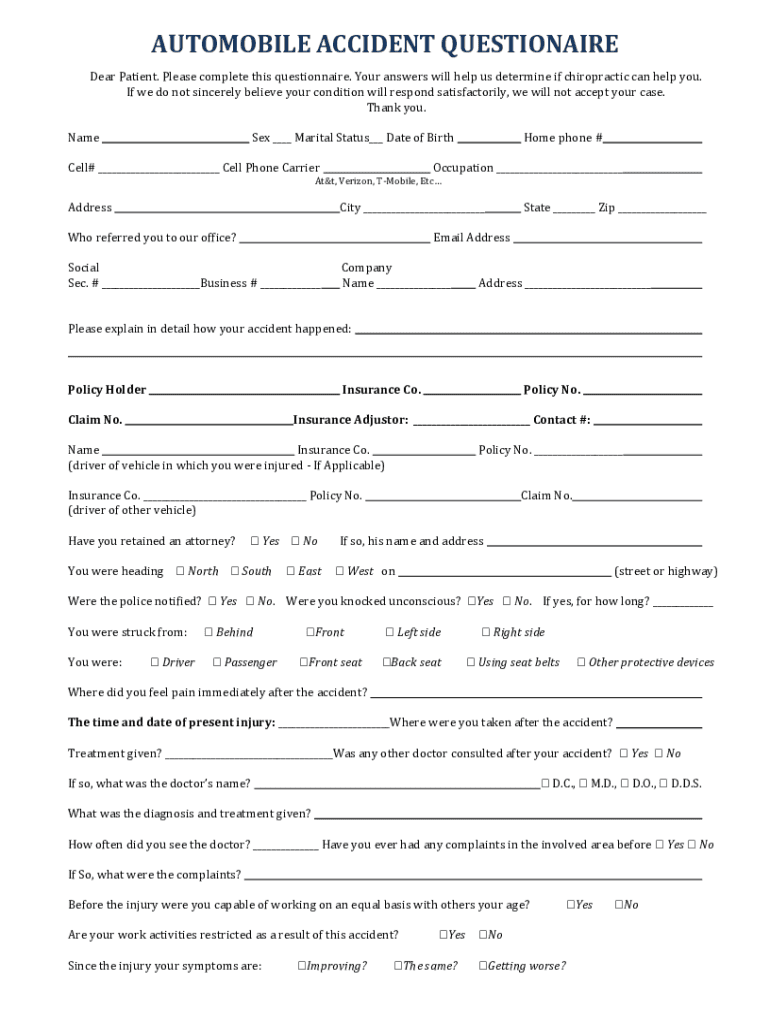 Fillable Online Automobile Accident Questionnaire - Nokomis ...