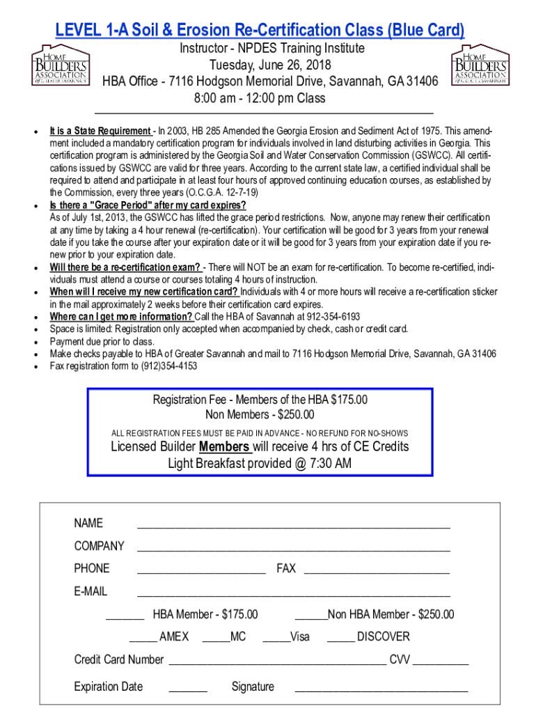 Fillable Online LEVEL 1-A Soil & Erosion Re-Certification Class (Blue ...