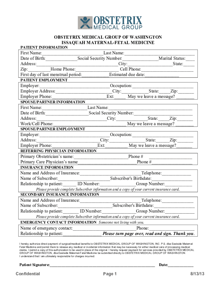 Fillable Online OBSTETRIX MEDICAL GROUP OF WASHINGTON ISSAQUAH MATERNAL ...