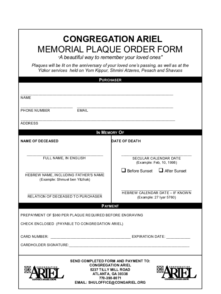 Fillable Online CONGREGATION ARIEL MEMORIAL PLAQUE ORDER FORM ...