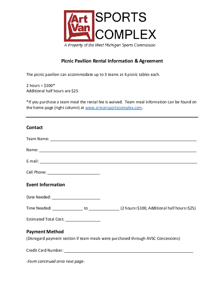 Fillable Online Picnic Pavilion Rental Information & Agreement Fax ...