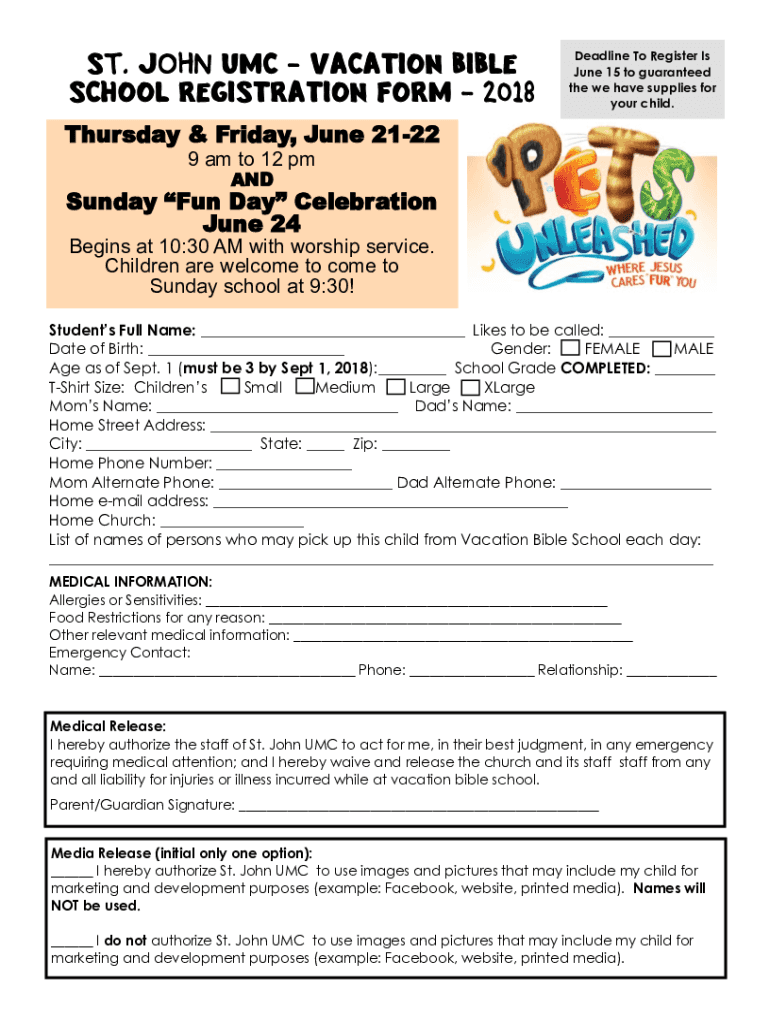 Fillable Online Vacation Bible School RegistrationCathedral of St. John ...