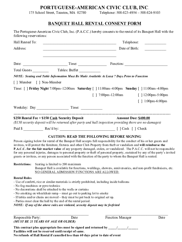 Fillable Online Banquet Hall Rental Form Fax Email Print - pdfFiller