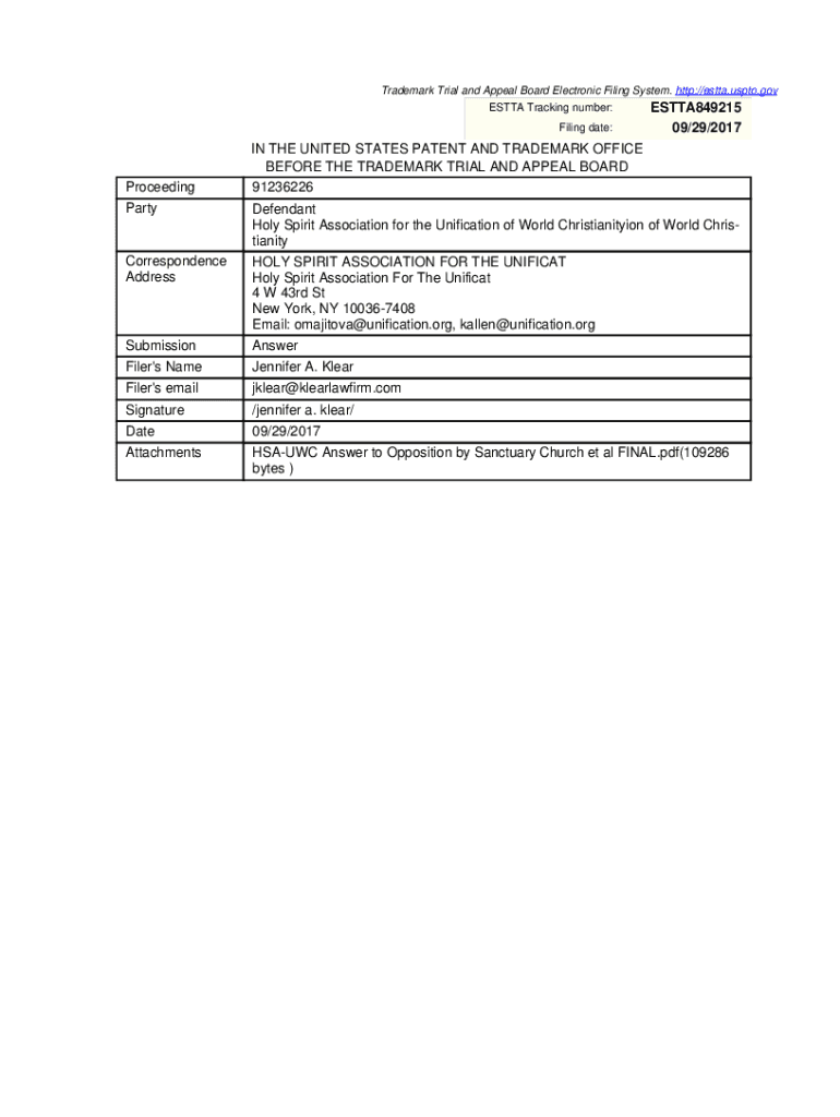 Fillable Online HSA-UWC Answer to Opposition by Sanctuary Church et al ...