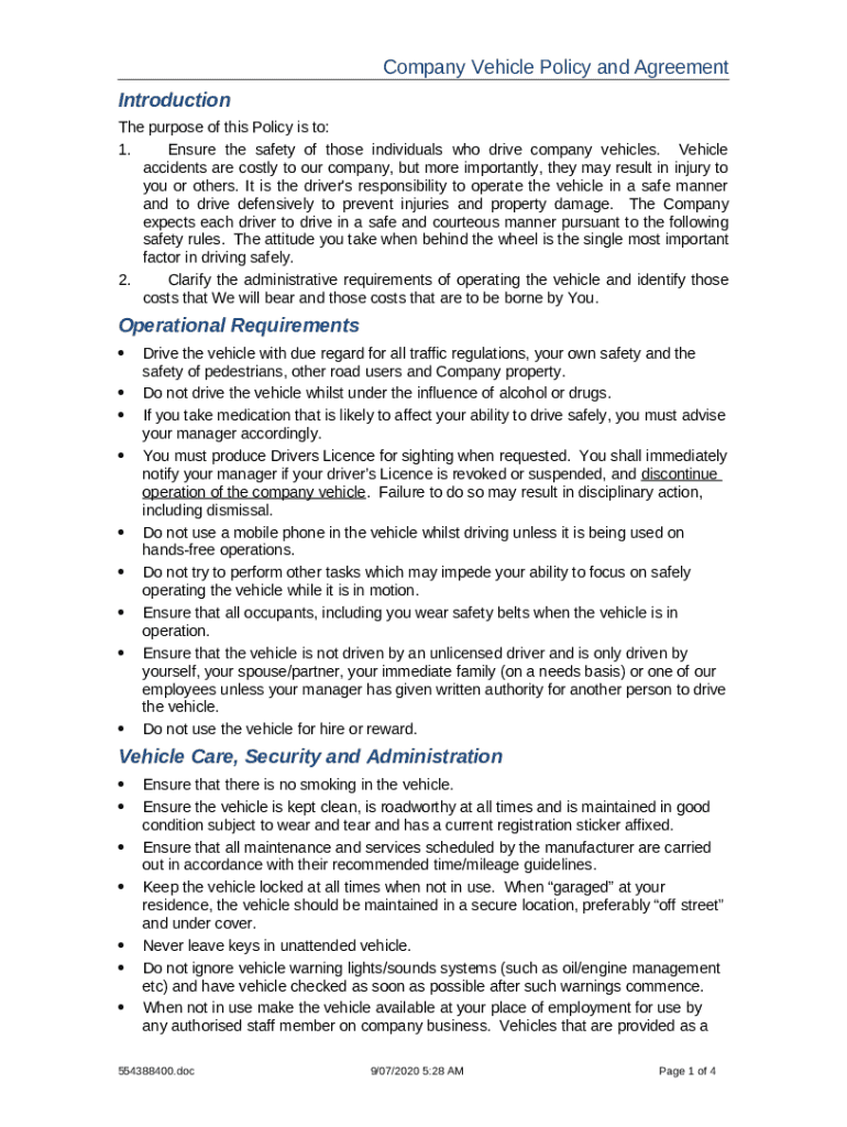 Company Vehicle Policy and Agreement Doc Template | pdfFiller
