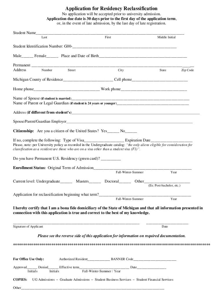 Fillable Online Application for Residency Reclassification - Oakland University Fax Email Print ...