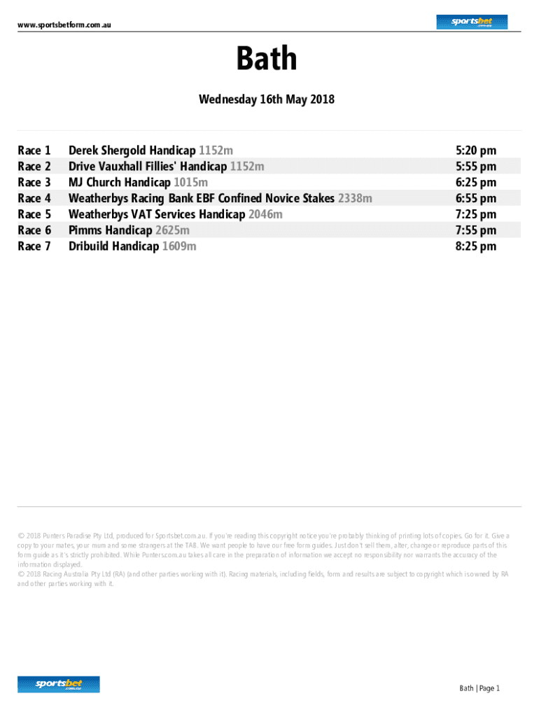 Fillable Online Bath Form Guide - Wednesday 16th May 2018 Fax Email ...