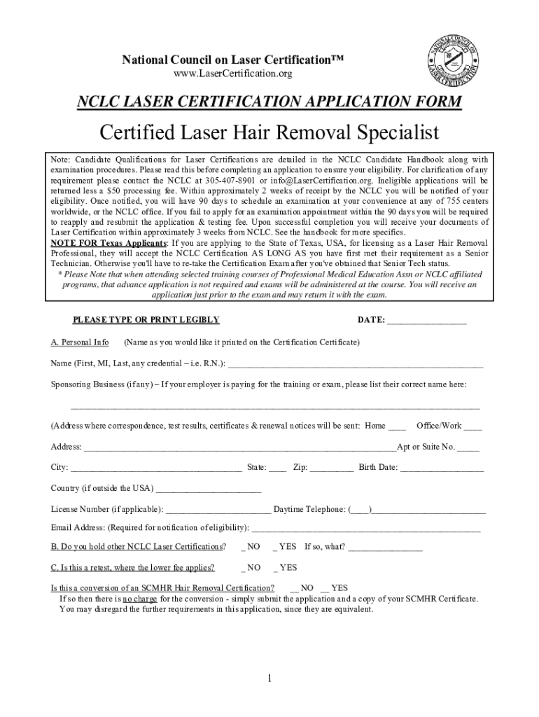 Fillable Online LaserCertificationApplicationFormCLHRS1805.doc Fax ...