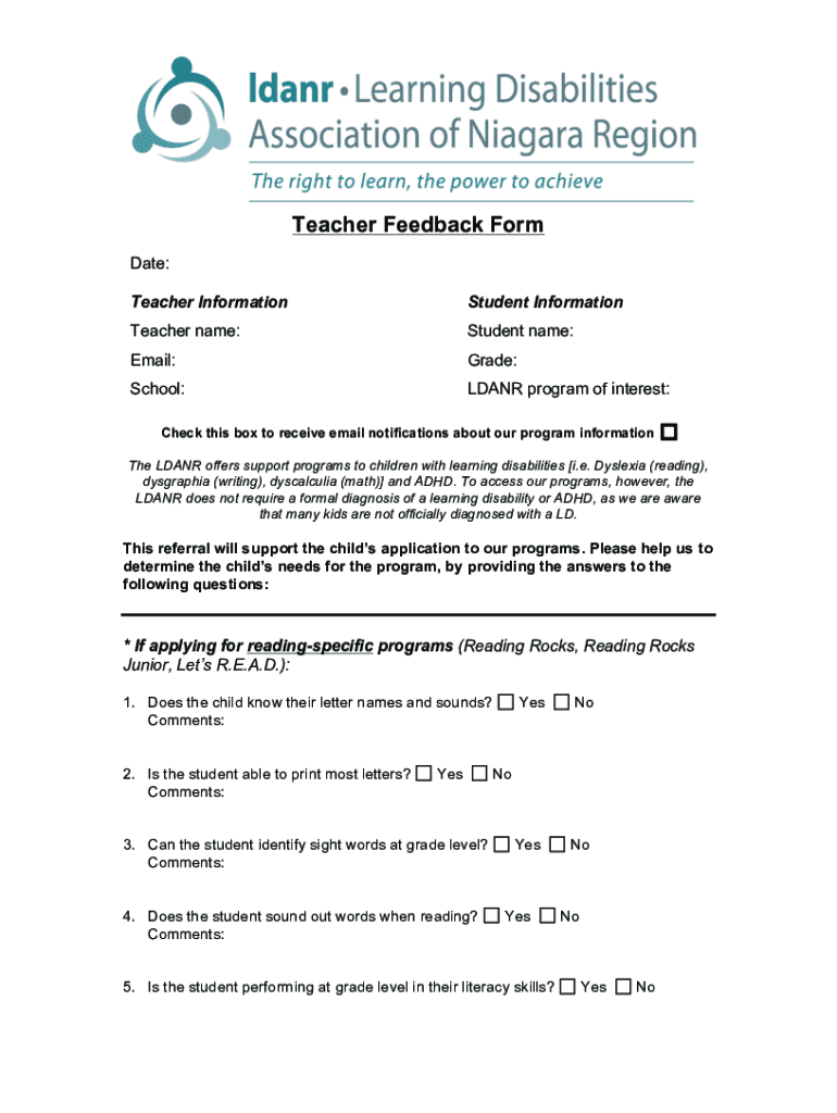 Fillable Online Teacher Feedback FormLearning Disabilities Association ...