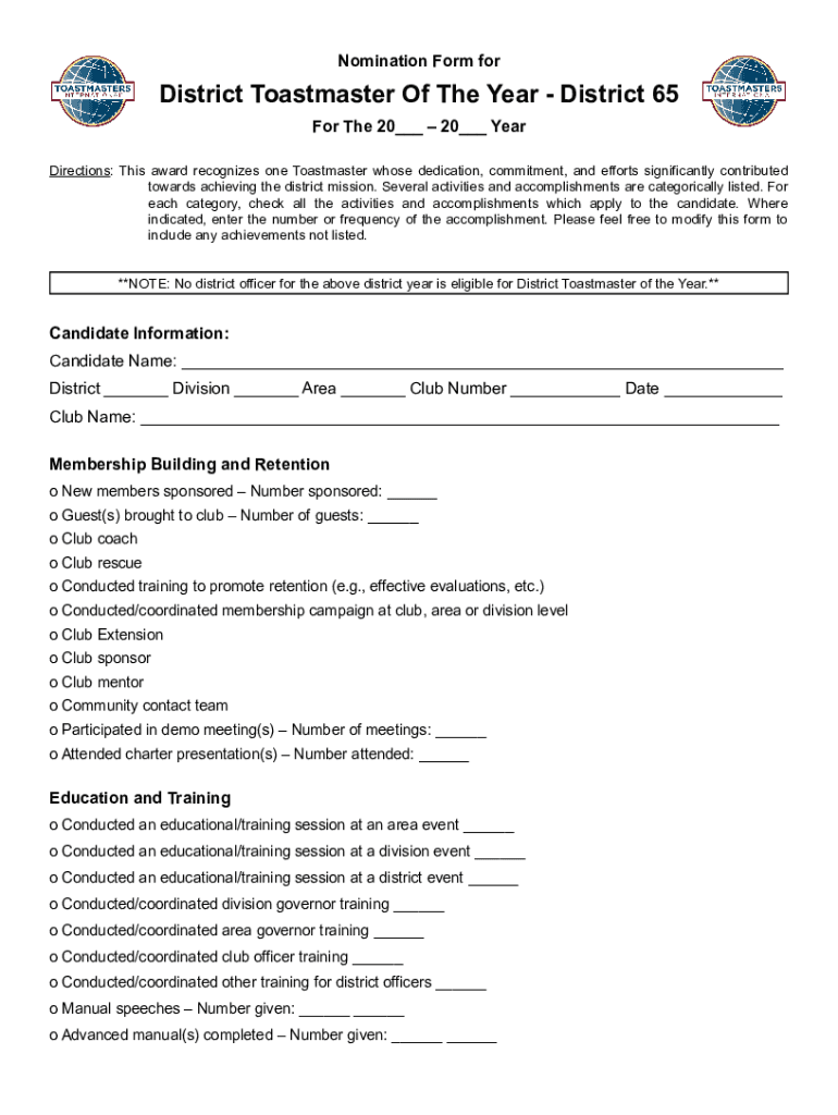 Fillable Online Nomination Form for District Toastmaster Of The Year ...