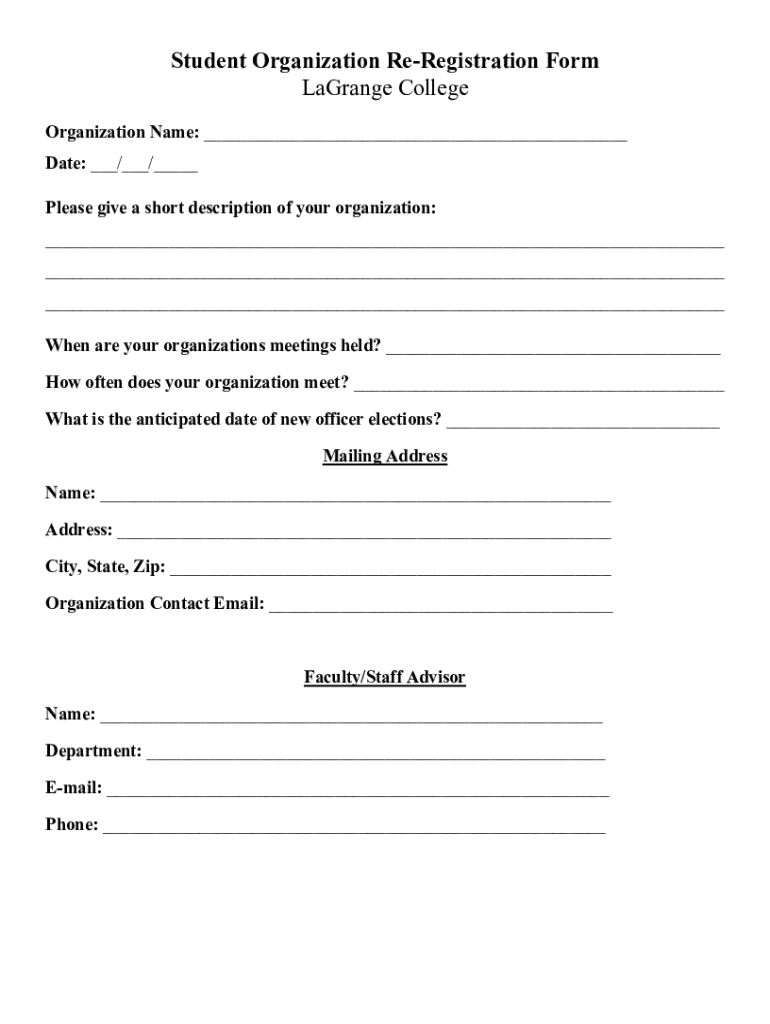 Fillable Online Student Organization Registration Packet - LaGrange ...