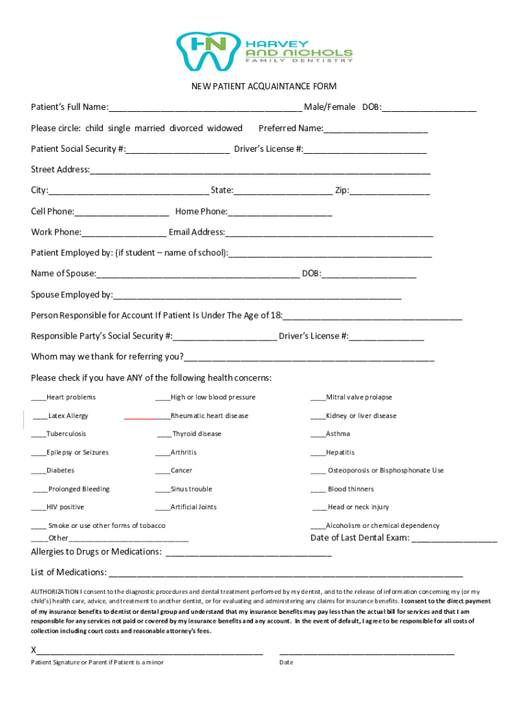 Fillable Online PDF NEW PATIENT ACQUAINTANCE FORM Patient's Full Name ...