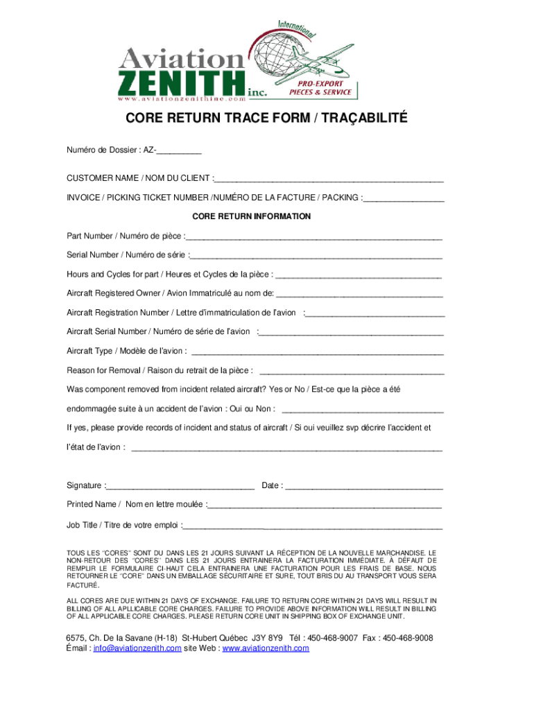Fillable Online CORE RETURN TRACE FORM, FRANAIS ANGLAIS.doc Fax Email ...