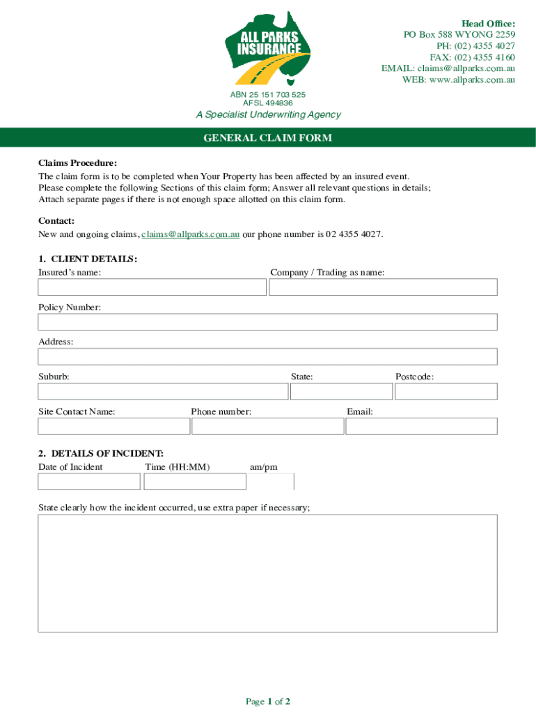 Fillable Online GENERAL CLAIM FORM - All Parks Insurance Fax Email ...