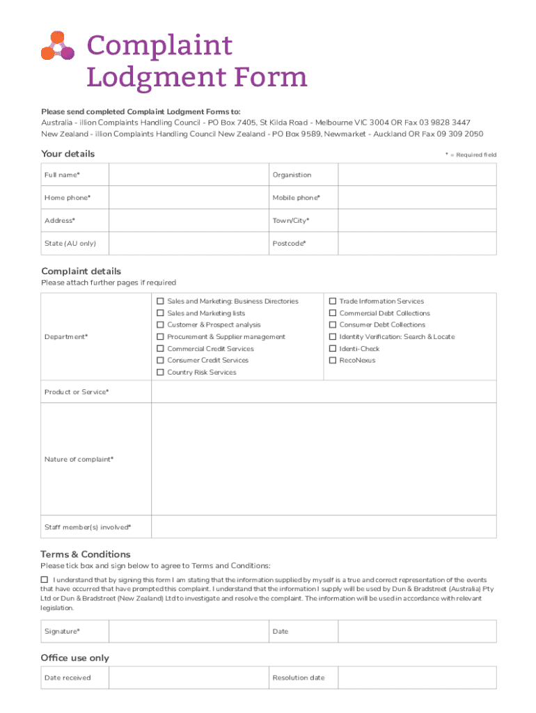 Fillable Online Complaint Lodgment Form - Illion Fax Email Print ...