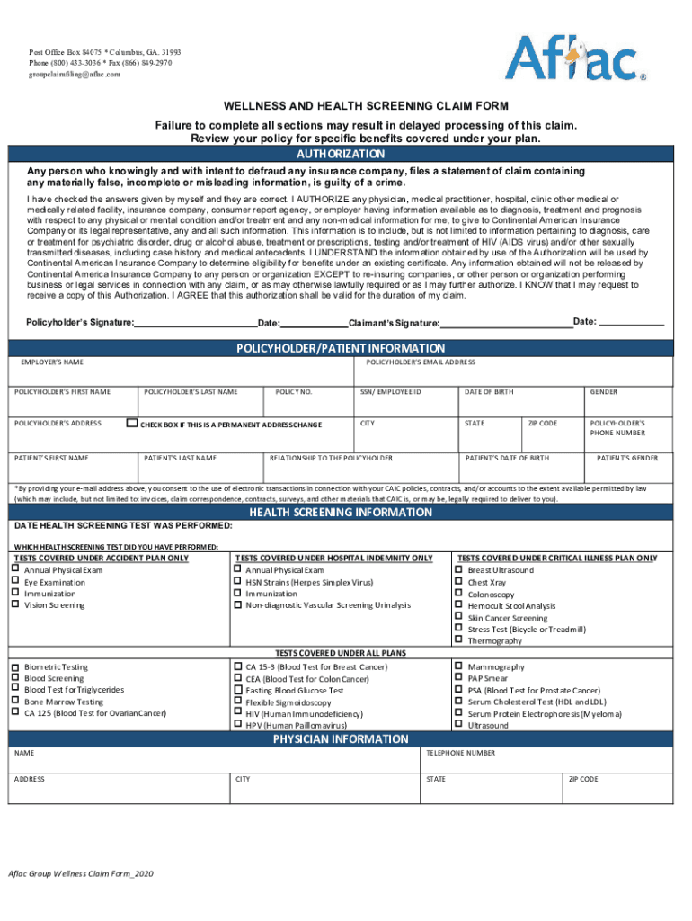 Fillable Online Wellness and health screening claim form - State ...