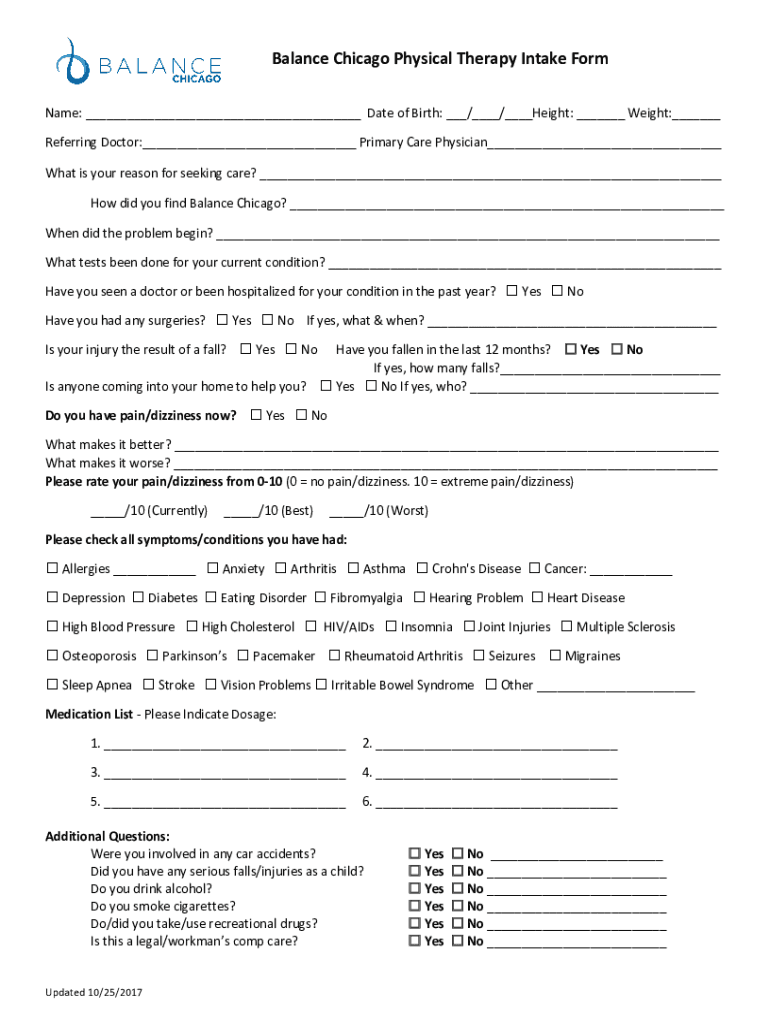 Fillable Online Physical Therapy Intake Form - Balance Chicago Physical ...