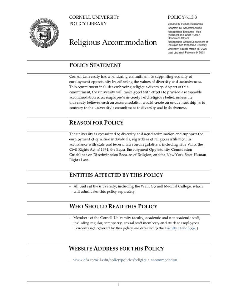 Fillable Online University Policy 6.13.8, Religious Accommodation. Religious Accommodation Fax ...