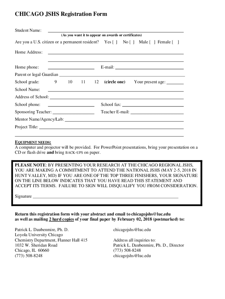 Fillable Online CHICAGO JSHS Registration Form - Loyola University ...