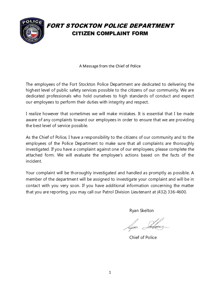 Fillable Online Police Department - City of Fort Stockton Fax Email ...