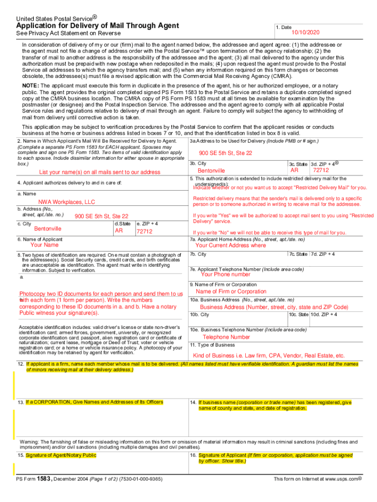 Fillable Online ps1583 mailbox form.pdf - United States Postal Service ...