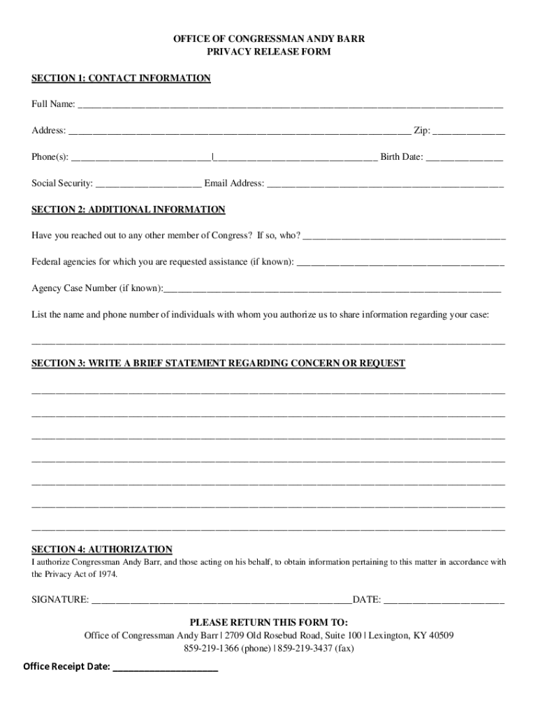 Fillable Online barr house Privacy Release Form New - Congressman Andy ...