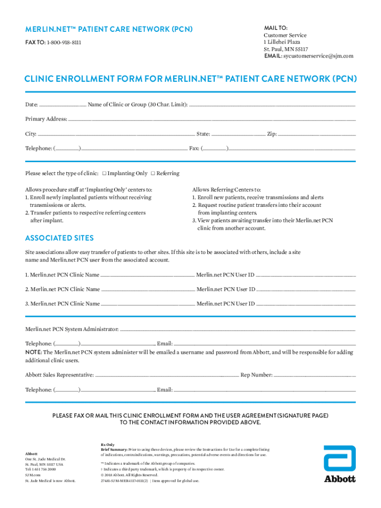 Fillable Online CLINIC ENROLLMENT FORM FOR MERLIN.NET PATIENT ... Fax ...