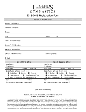 Fillable Online 2018-2019 Registration Form - Legends Gymnastics Fax ...