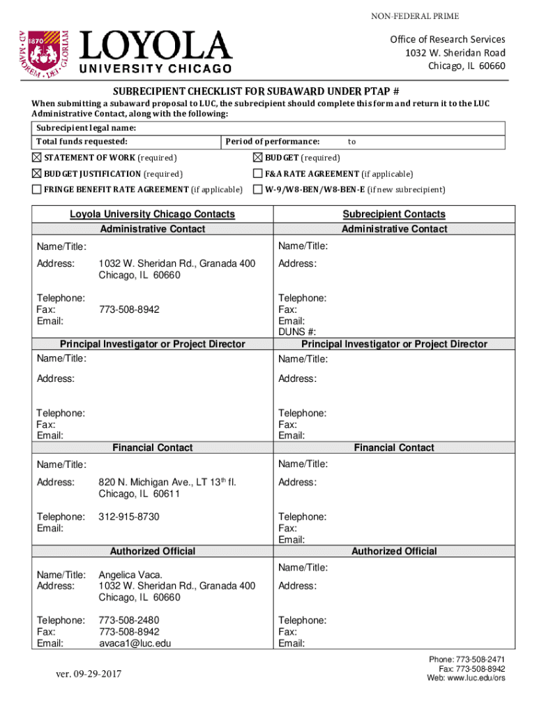 Fillable Online subrecipient checklist - Loyola University Chicago Fax ...