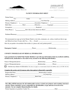 Fillable Online PDF Patient Information: Patient Name Home Address City ...