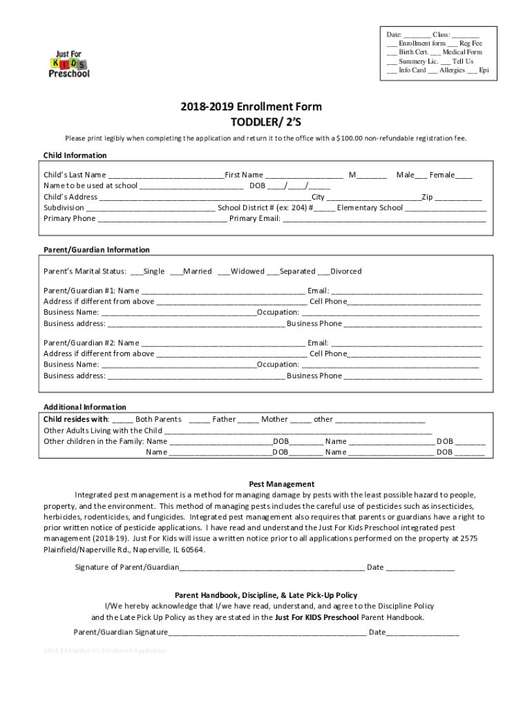 Fillable Online 2018-2019 Enrollment Form TODDLER/ 2'S - Just For Kids ...