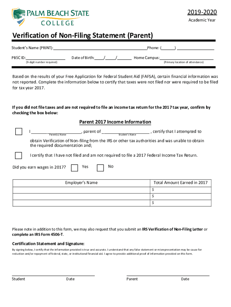Fillable Online PDF Verification of Non-Filing Statement (Student ...