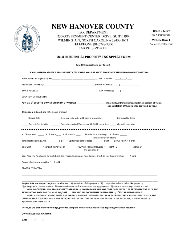 Fillable Online 2020 Commercial Appeal Form - New Hanover County Tax ...