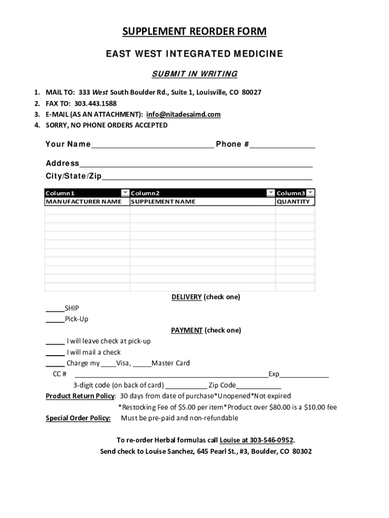 Fillable Online SUPPLEMENT REORDER FORM - East-West Integrated ... Fax ...