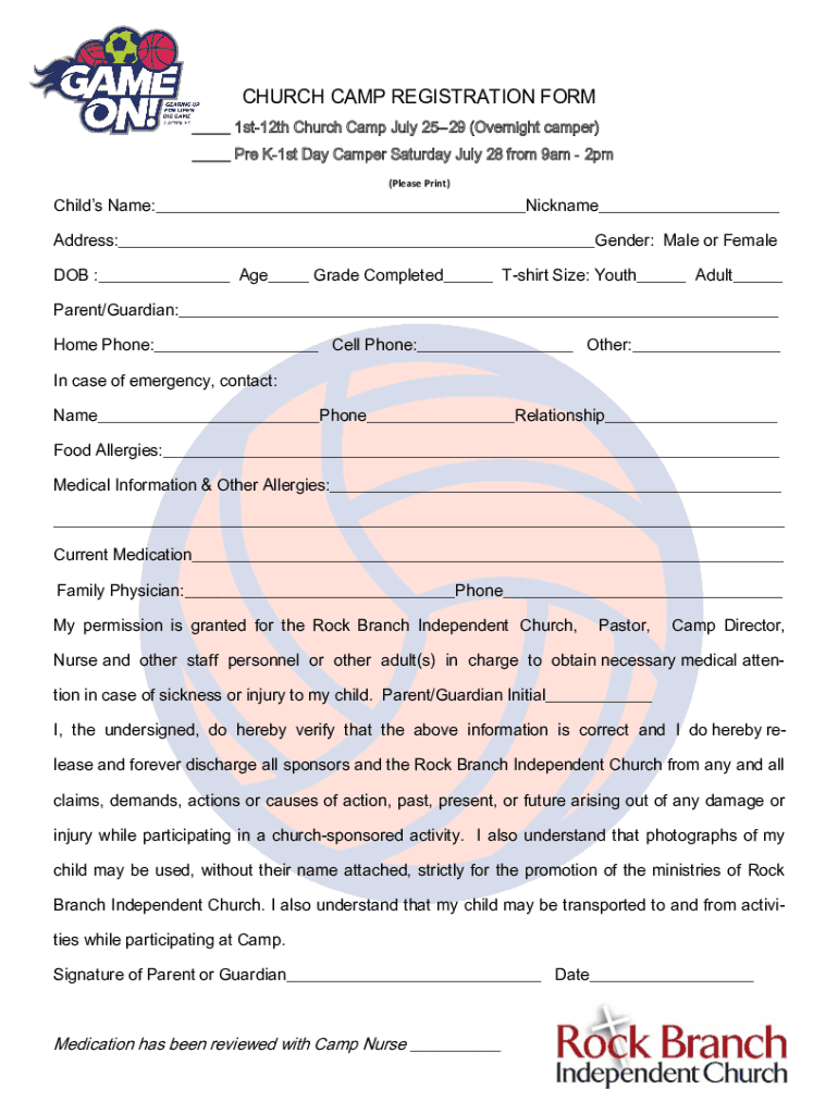 Fillable Online CHURCH CAMP REGISTRATION FORM Fax Email Print - pdfFiller