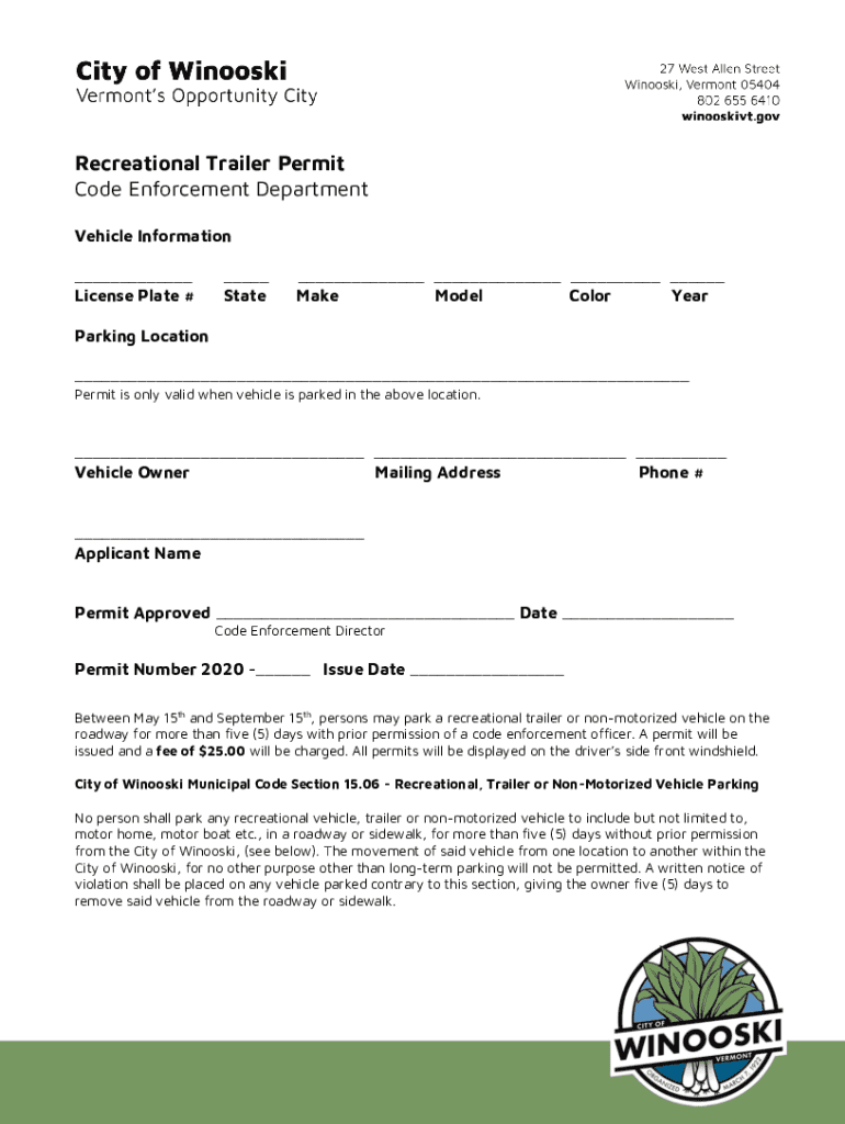 Fillable Online Recreational Trailer Permit Code Enforcement Department ...