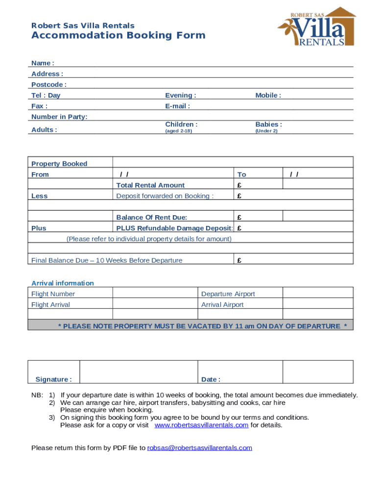 DOC accommodation booking - Robert Sas Villa Rentals Doc Template | pdfFiller