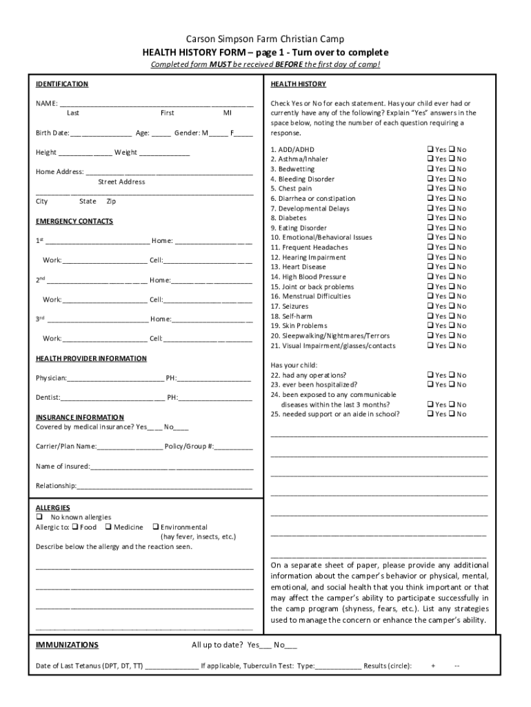 Fillable Online Carson Simpson Farm Christian Camp HEALTH HISTORY FORM ...