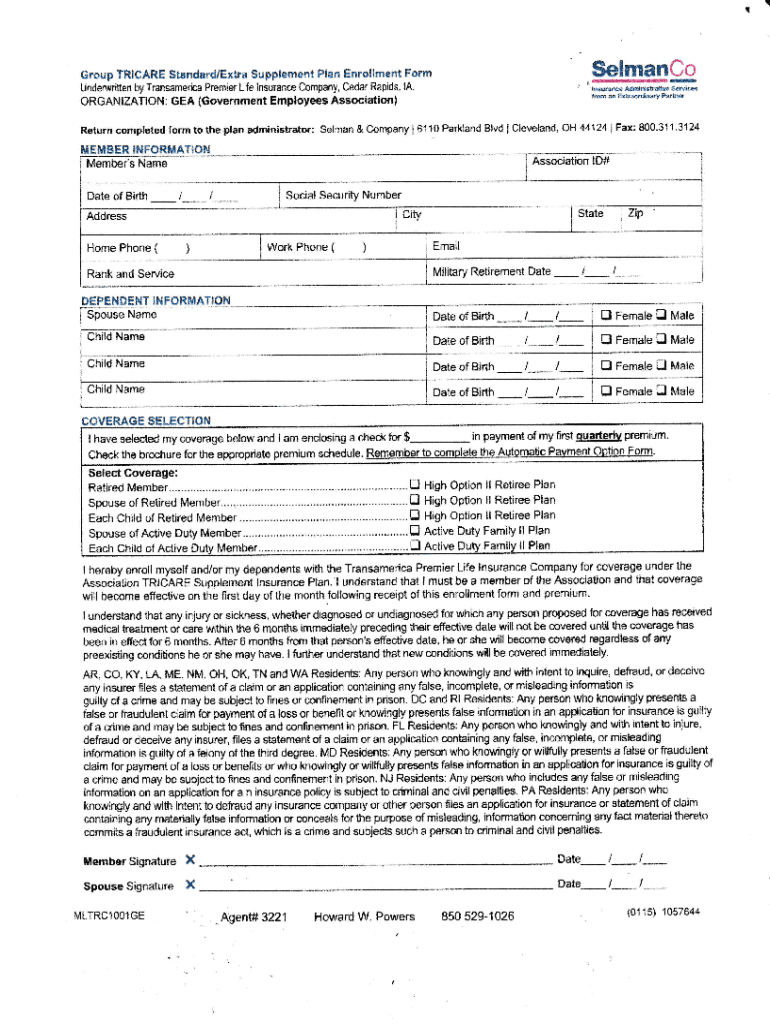 Fillable Online SelmanCo - TRICARE Supplement Fax Email Print - pdfFiller