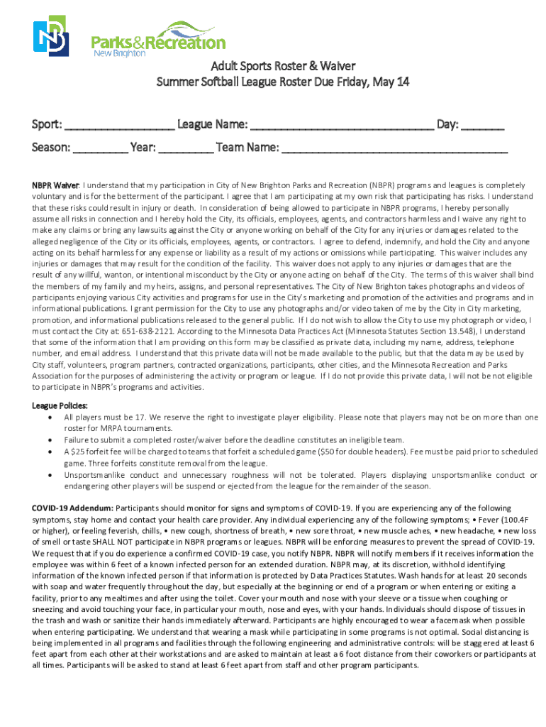 Fillable Online Adult Sports Roster & Waiver Fax Email Print - pdfFiller
