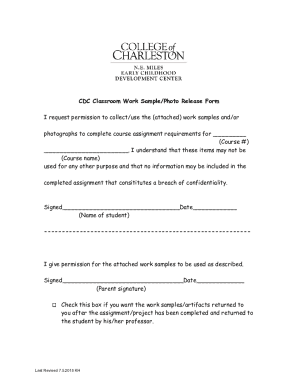 Fillable Online CDC Classroom Work Sample/Photo Release Form I request ...