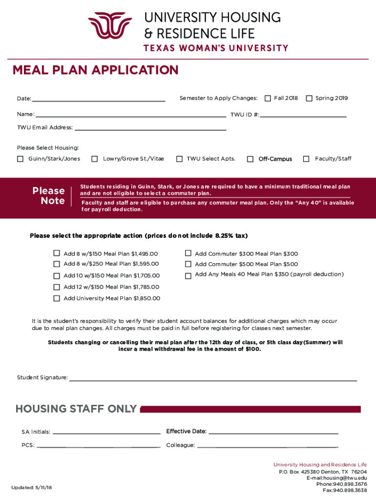 Fillable Online Meal Plan Application Form Fax Email Print - pdfFiller