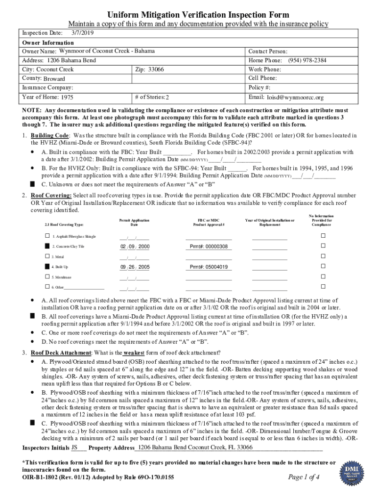 Fillable Online PDF Uniform Mitigation Verification Inspection Form Fax ...