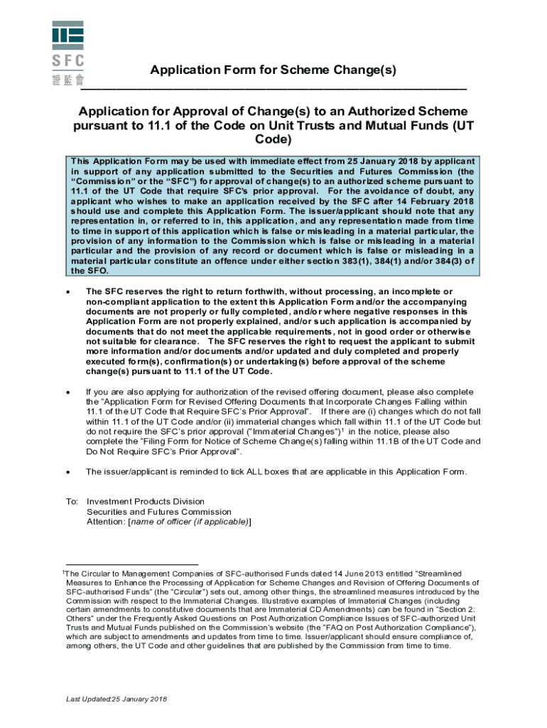 Fillable Online Application Form for Scheme Change(s) - SFC Fax Email ...