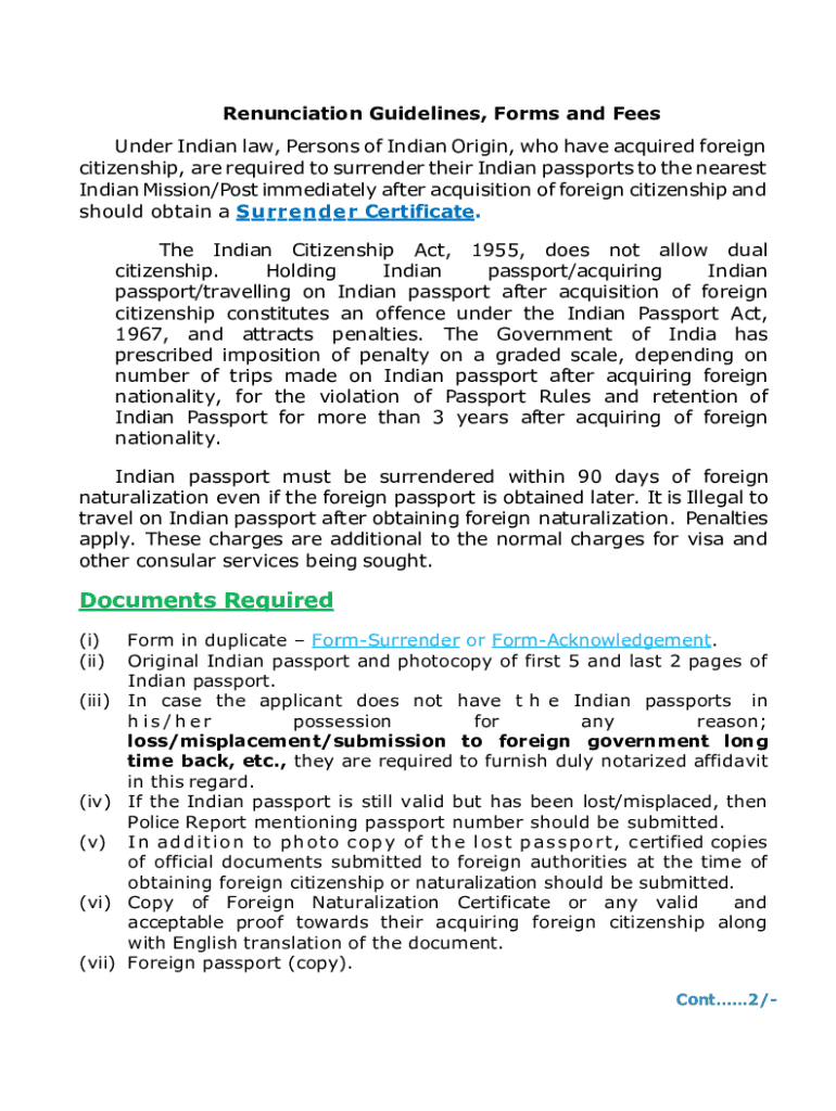 Fillable Online Renunciation Guidelines, Forms and Fees Surrender ...