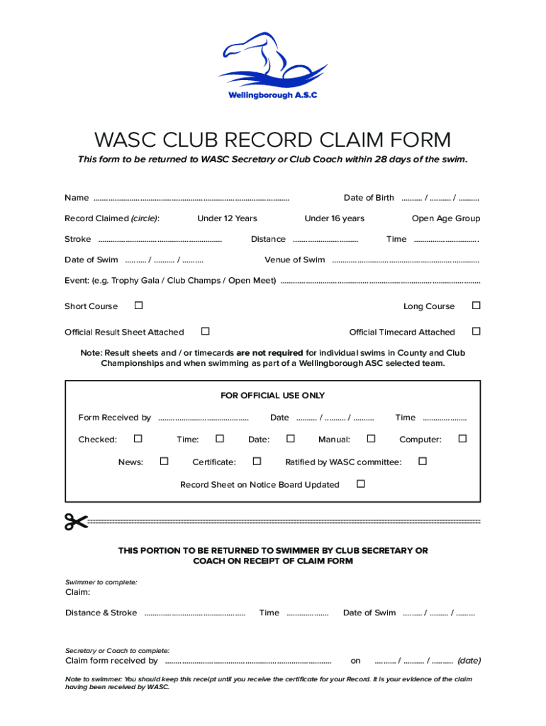 Fillable Online WASC CLUB RECORD CLAIM FORM Fax Email Print - pdfFiller