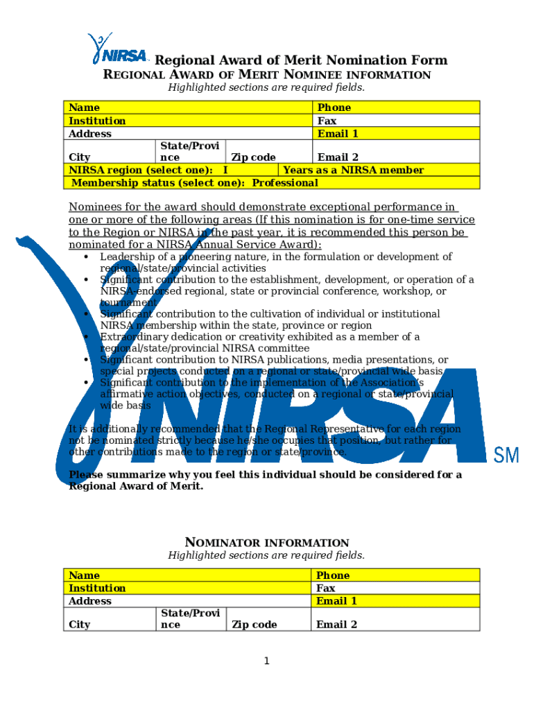 Regional Award of Merit Nomination Regional Award of ... Doc Template | pdfFiller