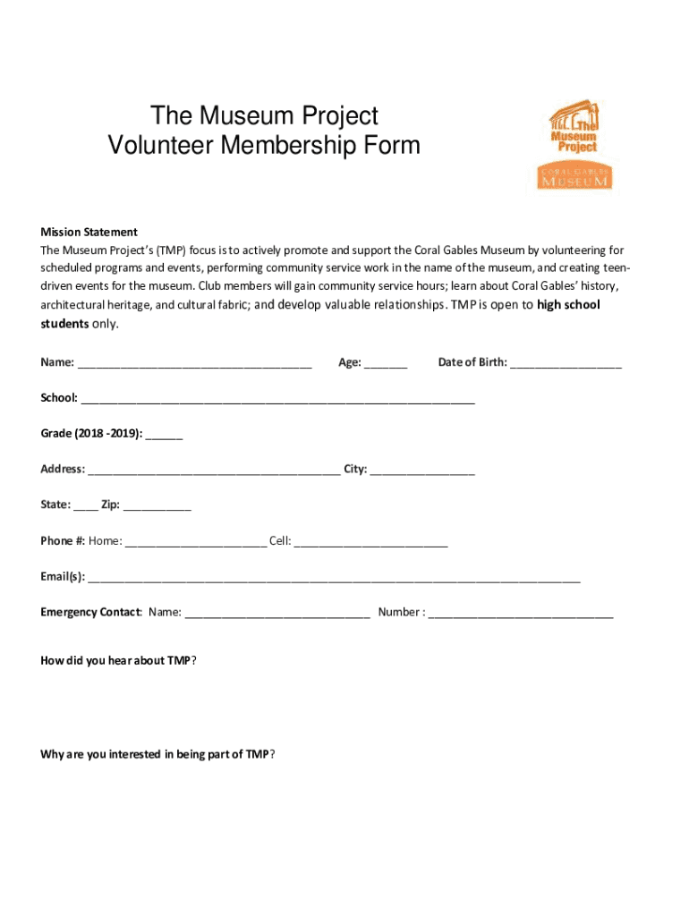 Fillable Online The Museum Project Volunteer Membership Form - Coral ...