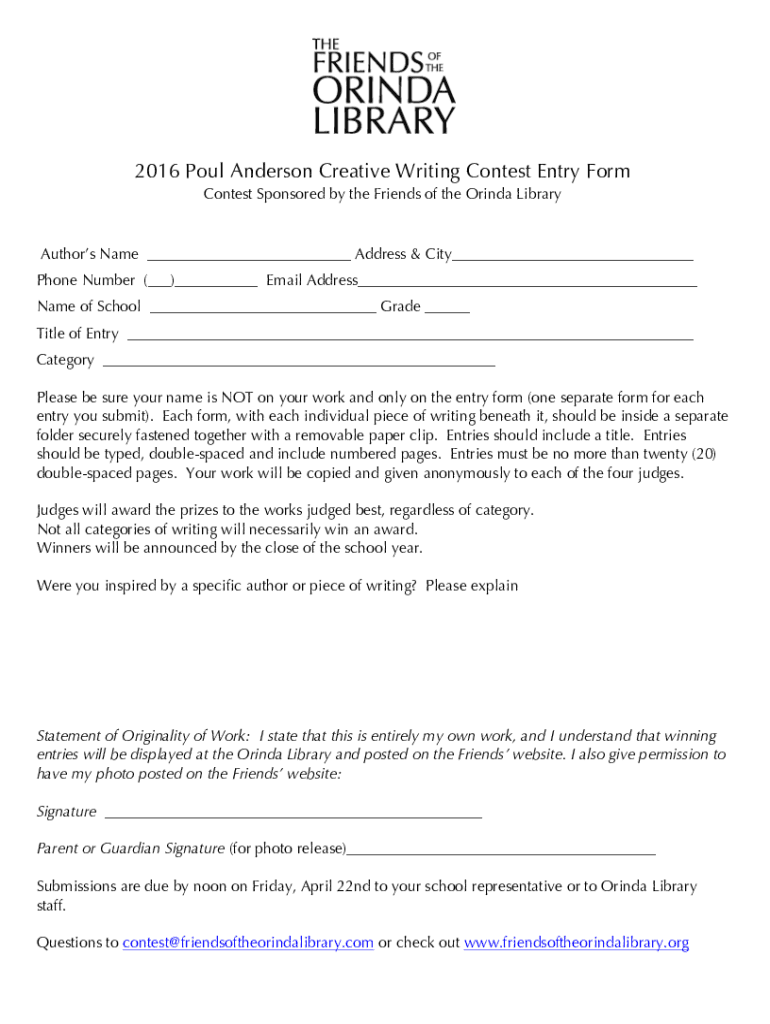 Fillable Online 2016 Poul Anderson Creative Writing Contest Entry Form ...