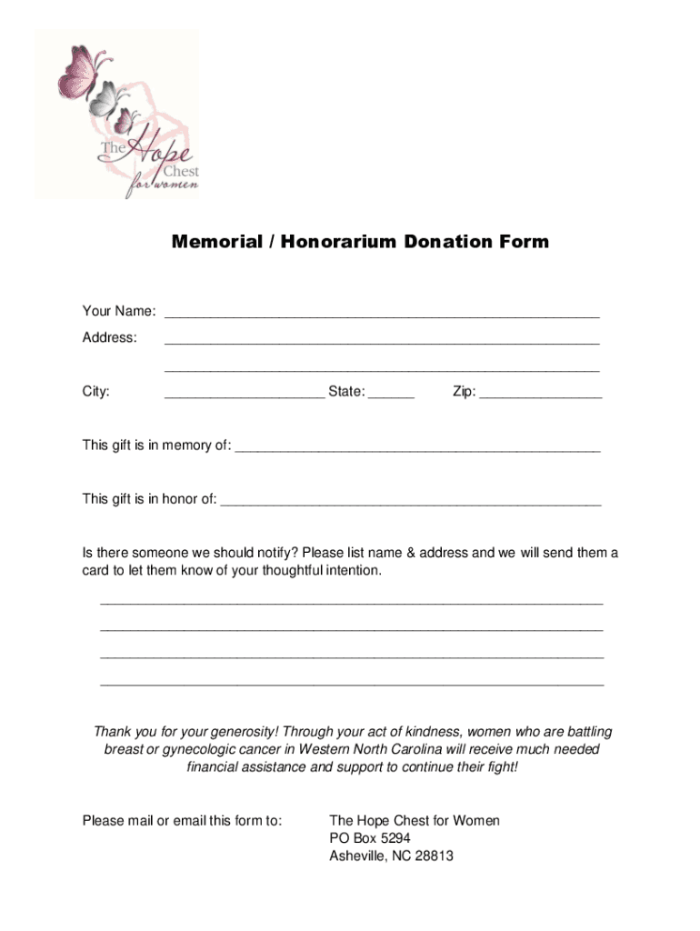 Fillable Online Memorial or Honorarium Donations Please register my ...